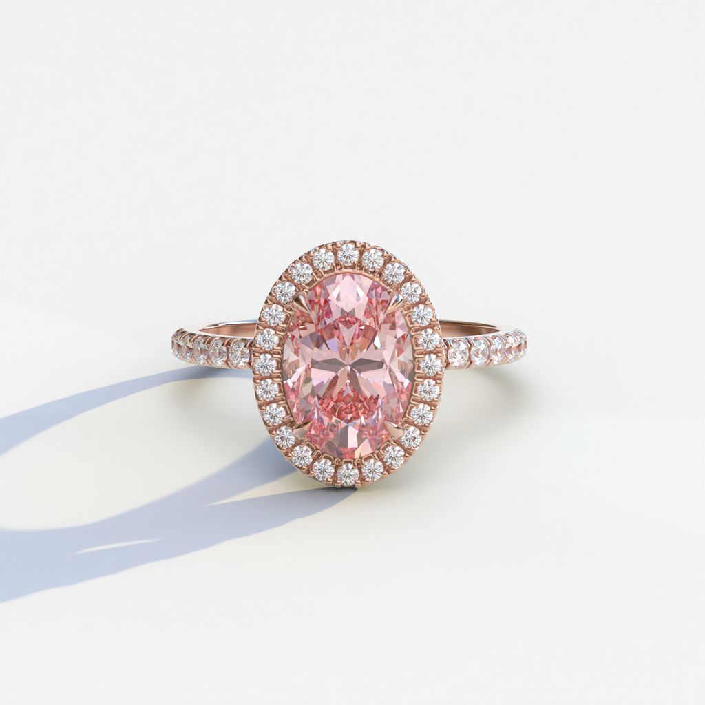 Annabella - Pink Color Oval Cut Diamond Ring | Halo & Pavé Setting Rin ...
